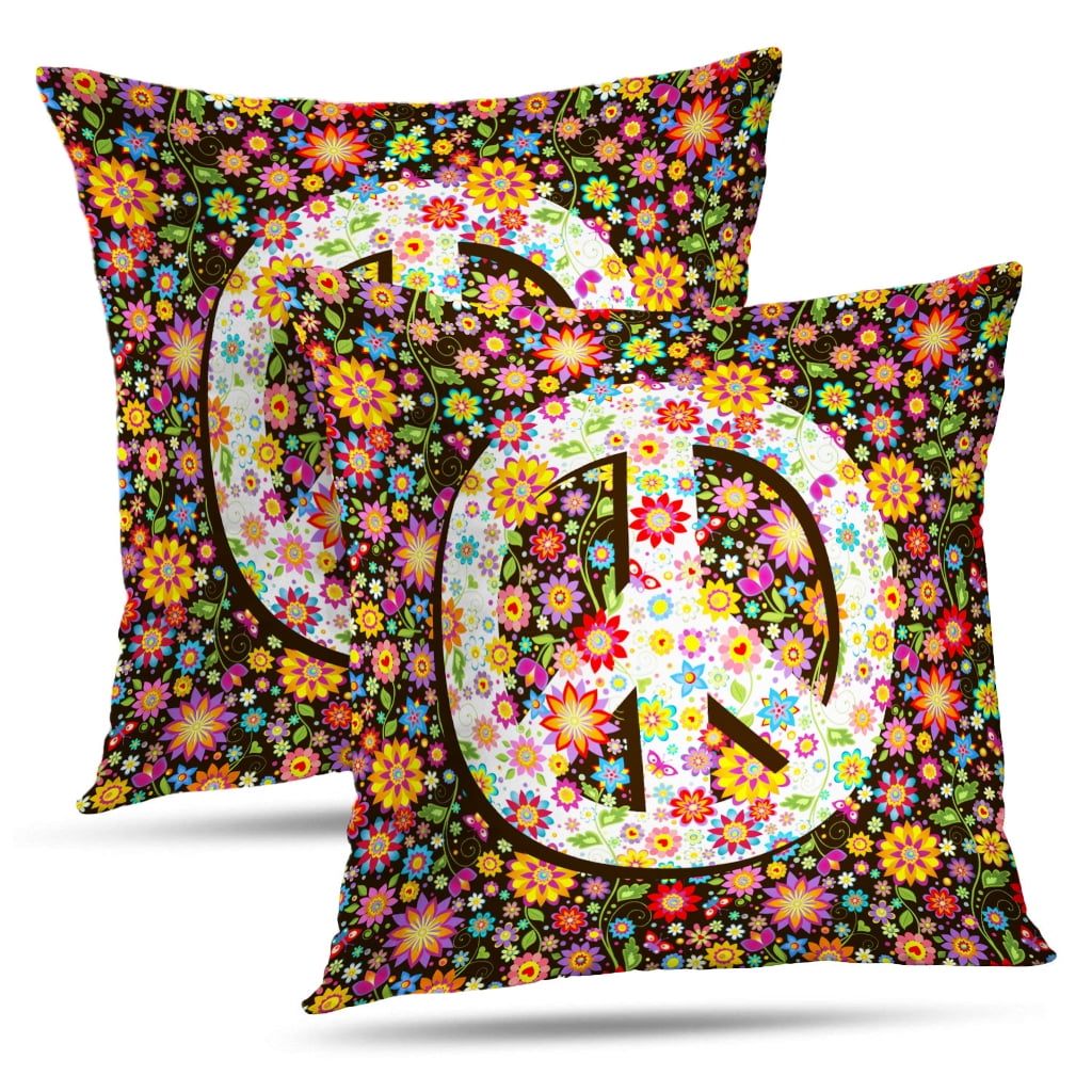 LALILO Throw Pillow Covers Hippie With Flowers And Peace Symbol Peace ...