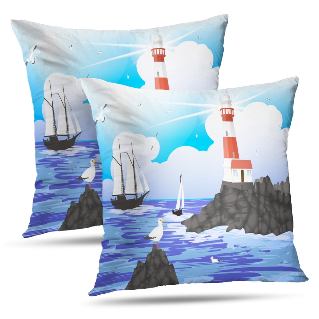 LALILO Throw Pillow Covers Seascape Lighthouse Seagulls Ship Lighthouse ...