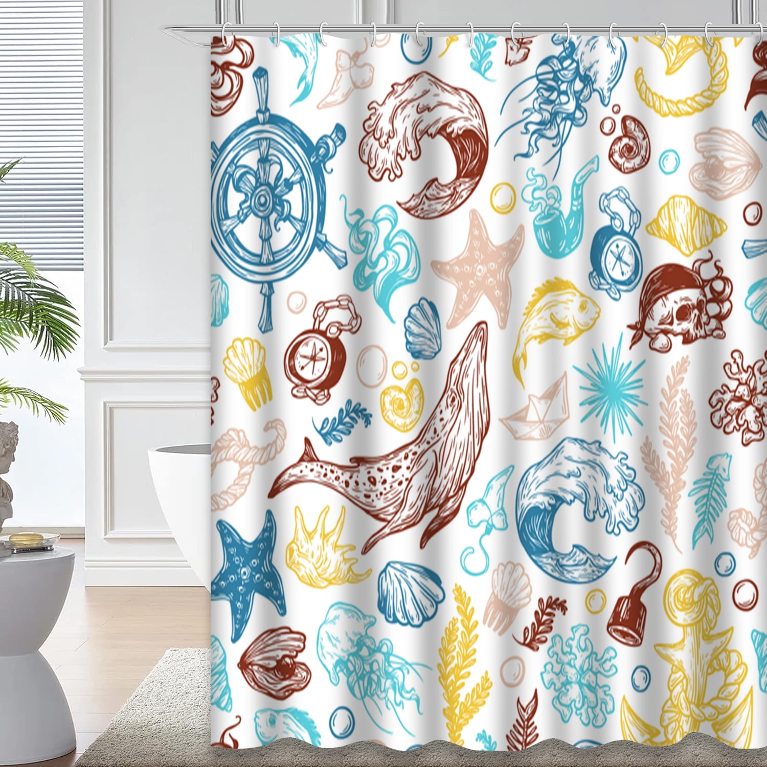 LALILO Waterproof Coral Nautical Shower Curtain, Marine Life and Pirate ...