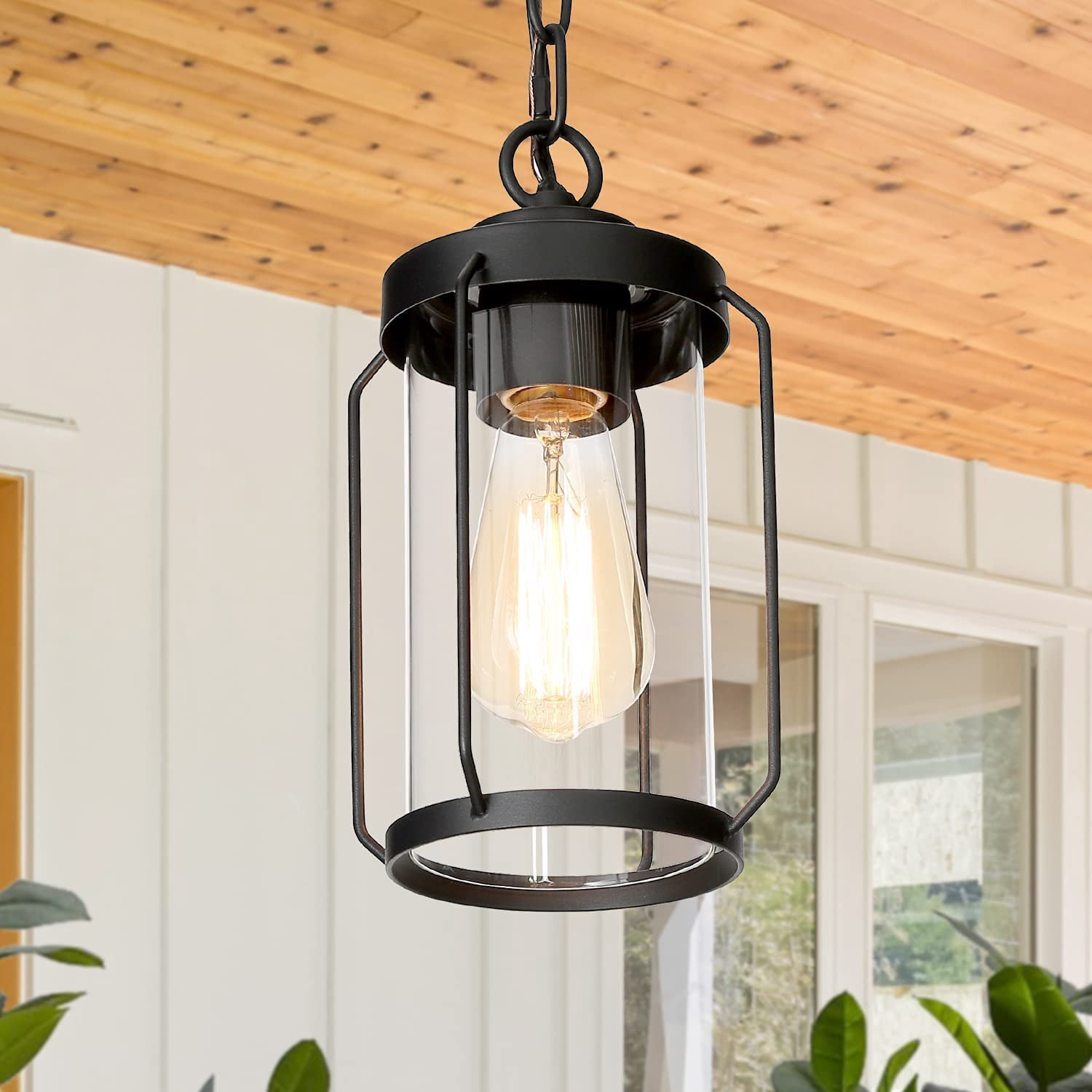 LALUZ Outdoor Pendant Light, Matte Black Exterior Hanging Lantern, Anti ...