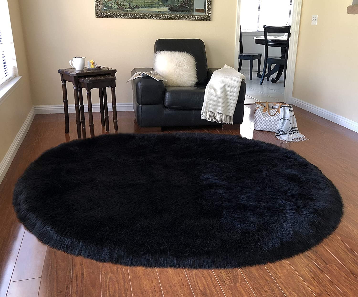LAMBZY Faux Sheepskin Hypoallergenic Oval Silky Shag Rug, Luxury Shaggy ...