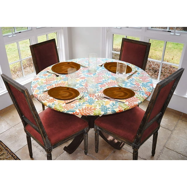 LAMINET Deluxe Elastic Edged Vinyl Table Cover - Leaves Pattern - Fits ...