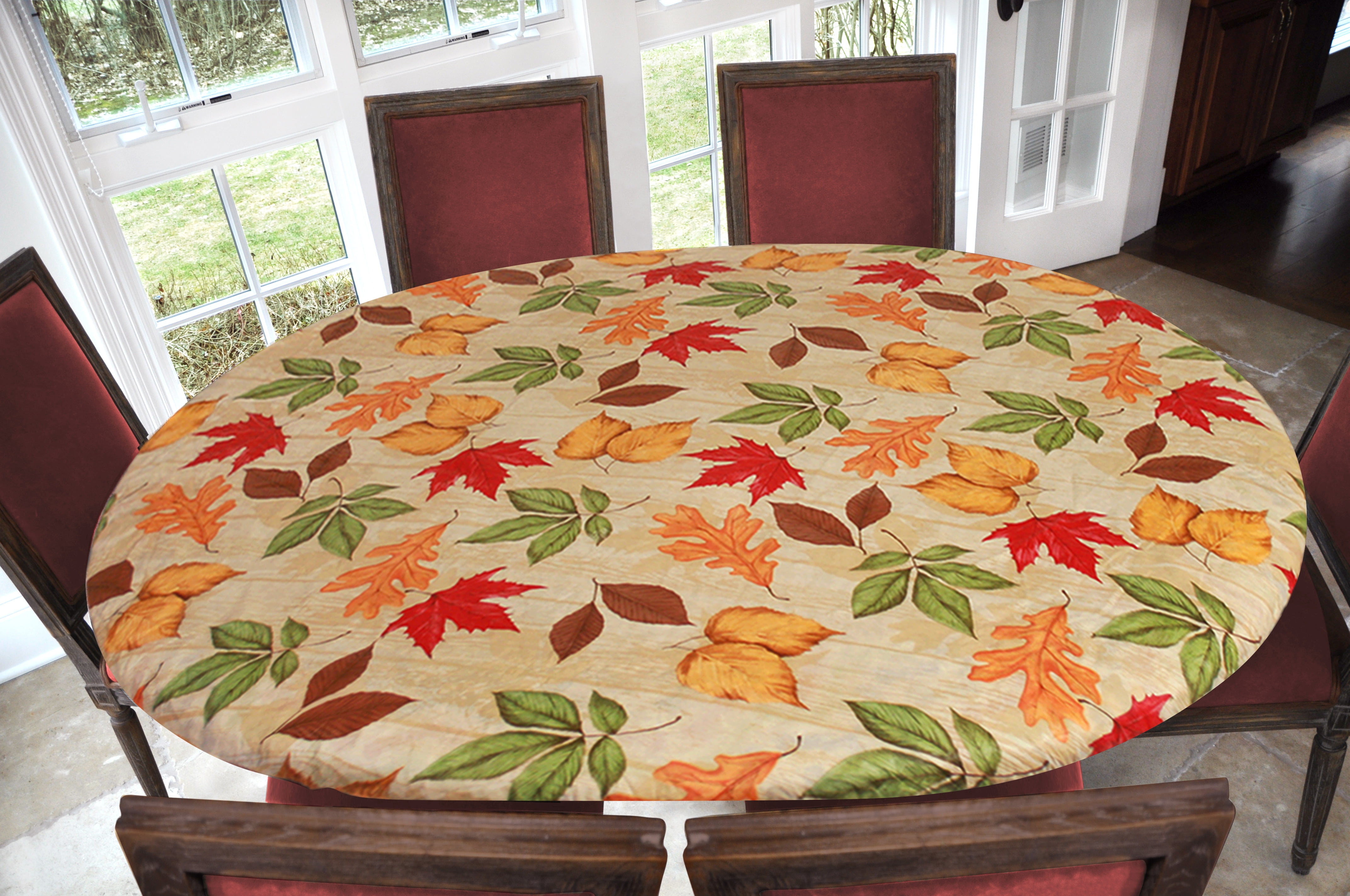 LAMINET Deluxe Elastic Fitted Table Cover - Vinyl, Leaves Pattern ...