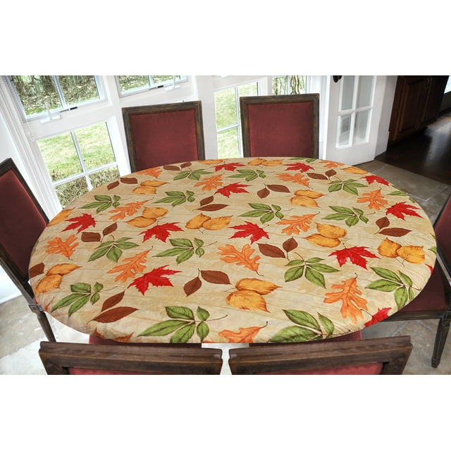 LAMINET Deluxe Elastic Fitted Table Cover - Vinyl, Leaves Pattern ...