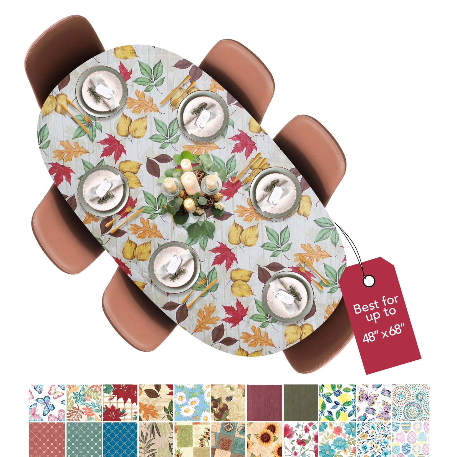 LAMINET Deluxe Elastic Fitted Table Cover - Vinyl, Leaves Pattern ...