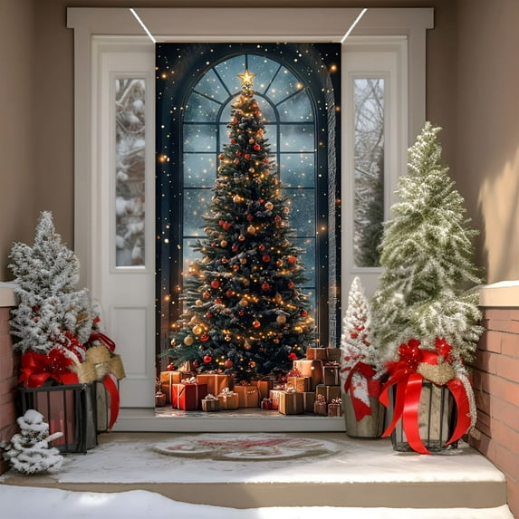 LAMIRO 35 X 71 Inch Christmas Door Cover - Christmas Tree Pattern ...