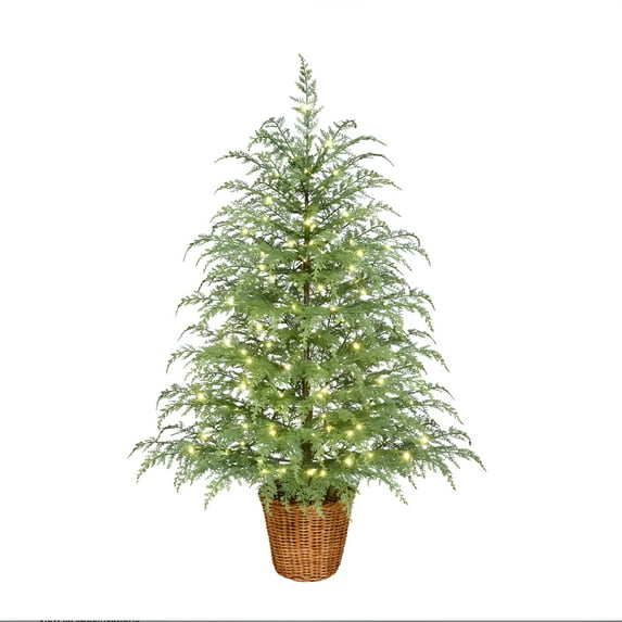 LAMIRO 3Ft Pre-Lit Green Cypress Artificial Christmas Potted Tree with 100 Warm White Twinkle ...