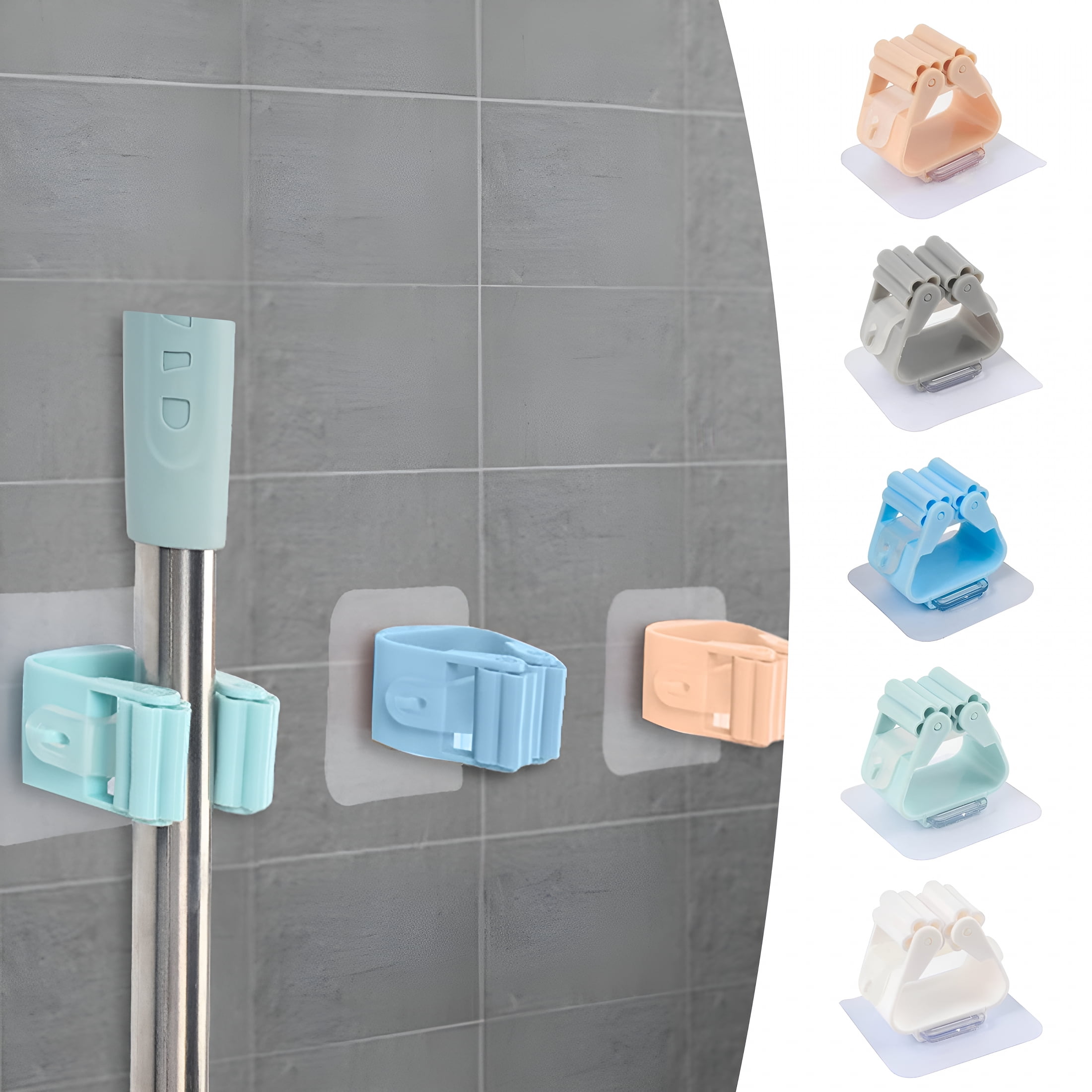 LAMIRO 5pc Mop Broom Holder Self Adhesive Reusable Wall Mounted Storage ...