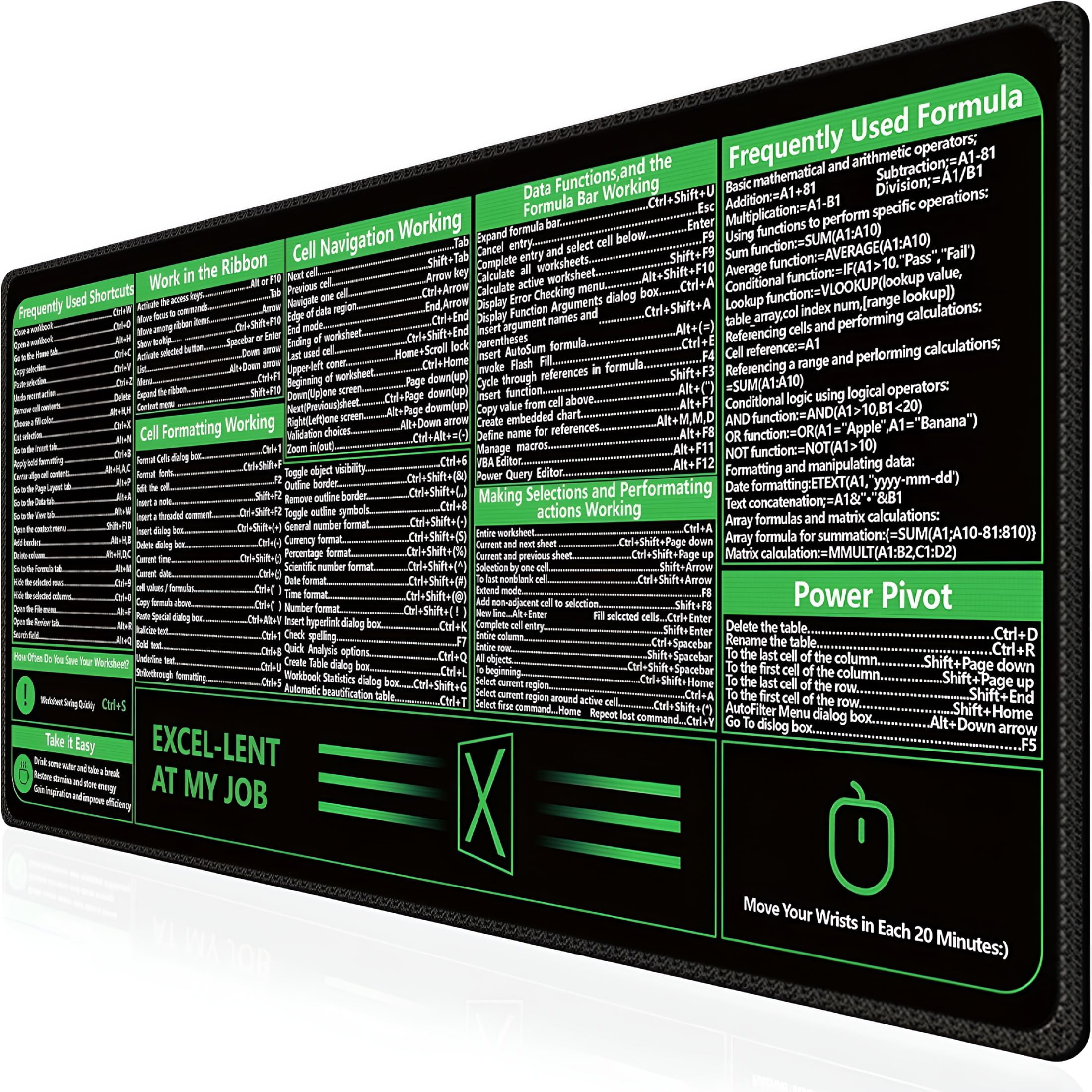 LAMIRO Excel Cheat Sheet Desk Pad, Excel Mouse Pad Shortcuts, Excel Shortcuts Cheat Sheet ...