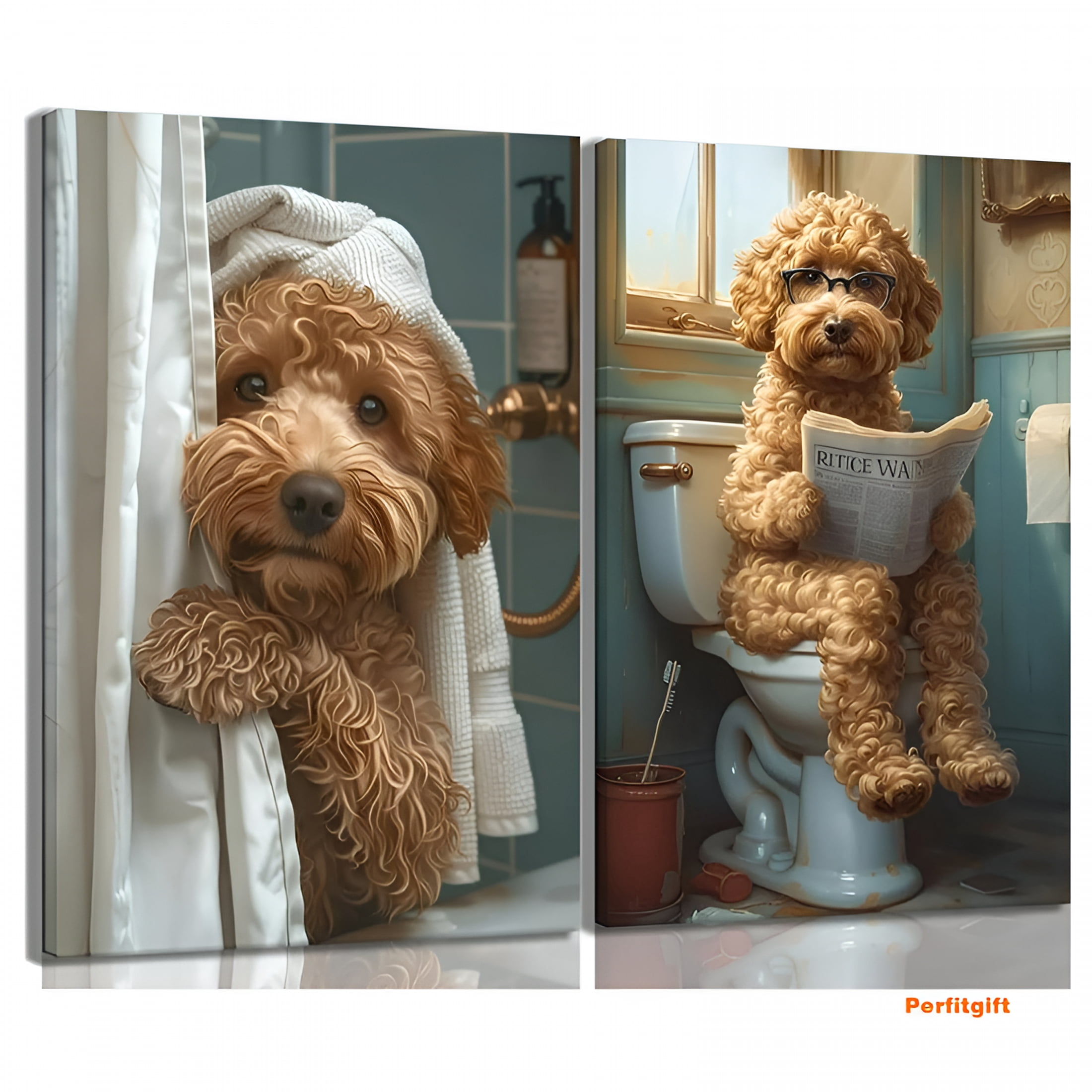 LAMIRO Funny Bathroom Canvas Wall Art Set of 2, Poodle on Toilet and ...
