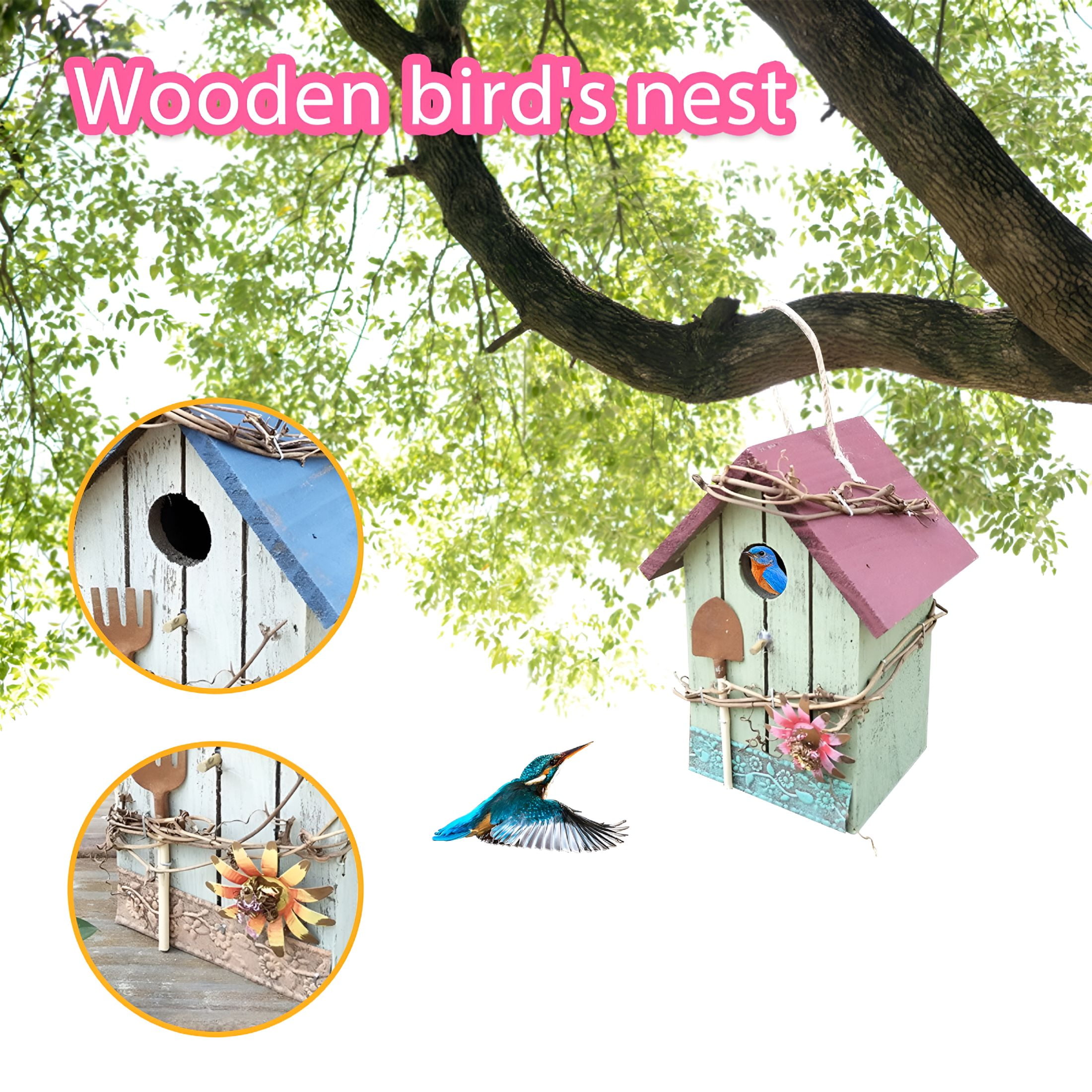 LAMIRO Outdoor and Garden Large Wooden Bird House Nesting Box Hanging ...