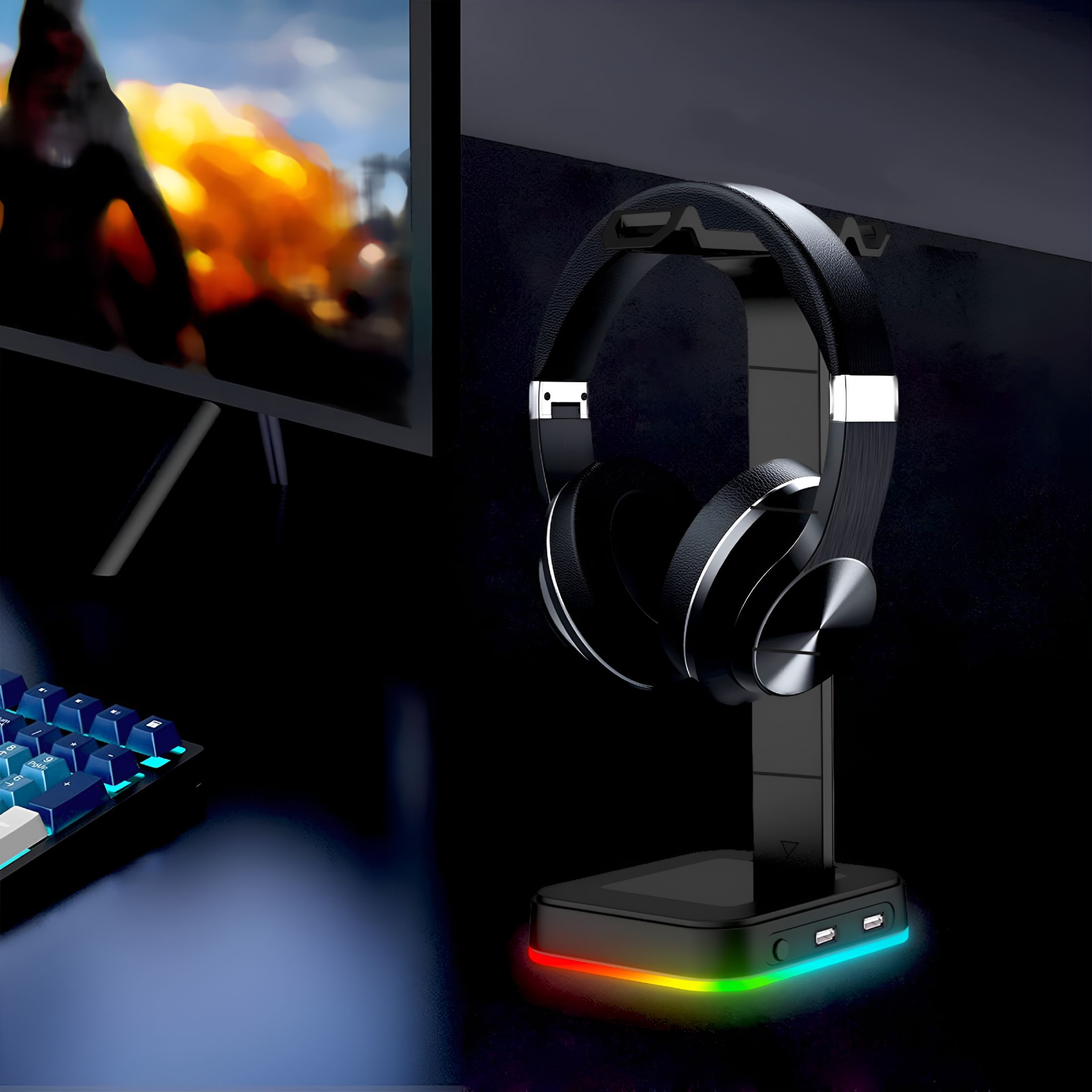LAMIRO RGB Gaming Headphones Stand, Headset Stand With 2 USB Charging ...