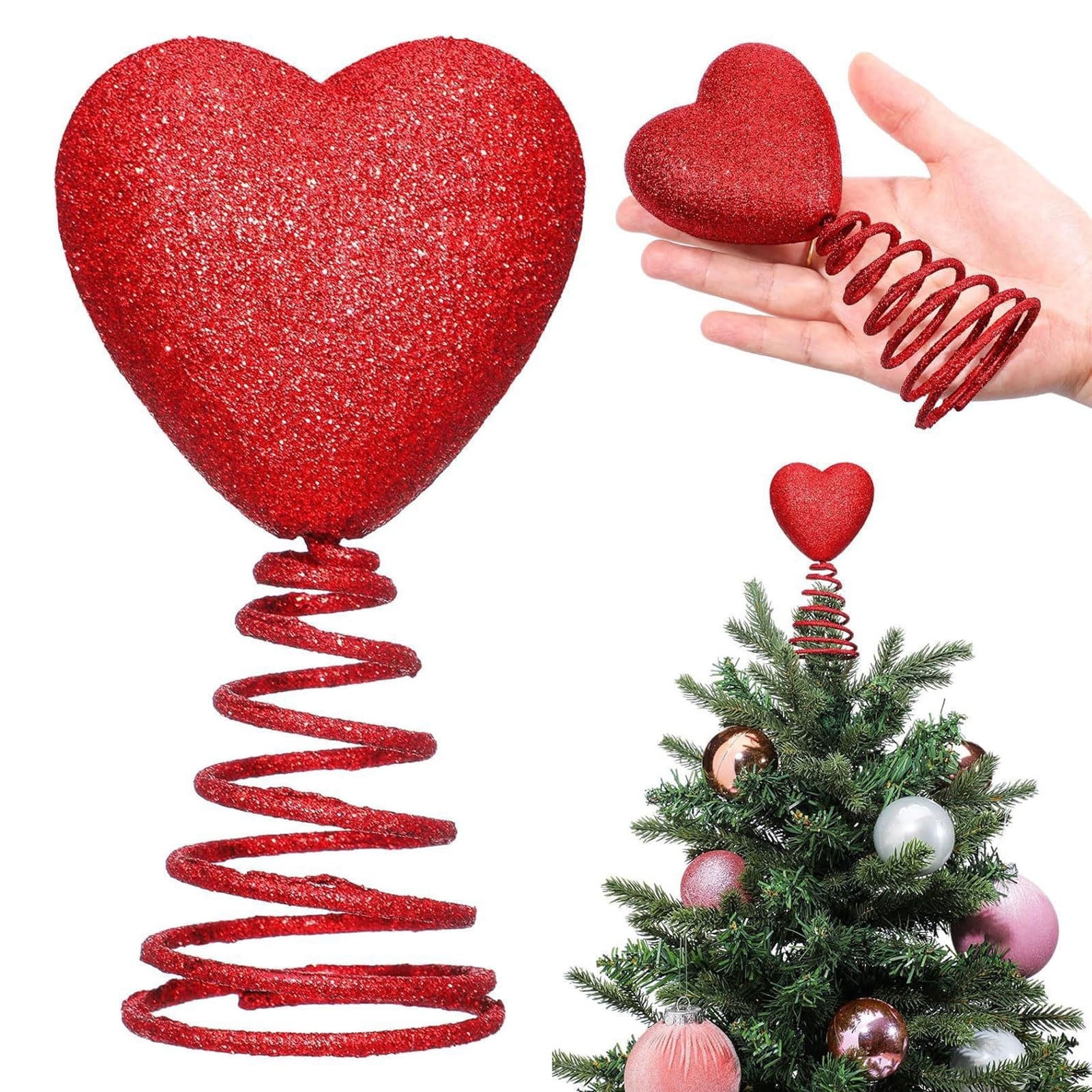 LAMIRO Tree Topper Heart Red Glitter Heart Ornament Valentine's Day Red ...
