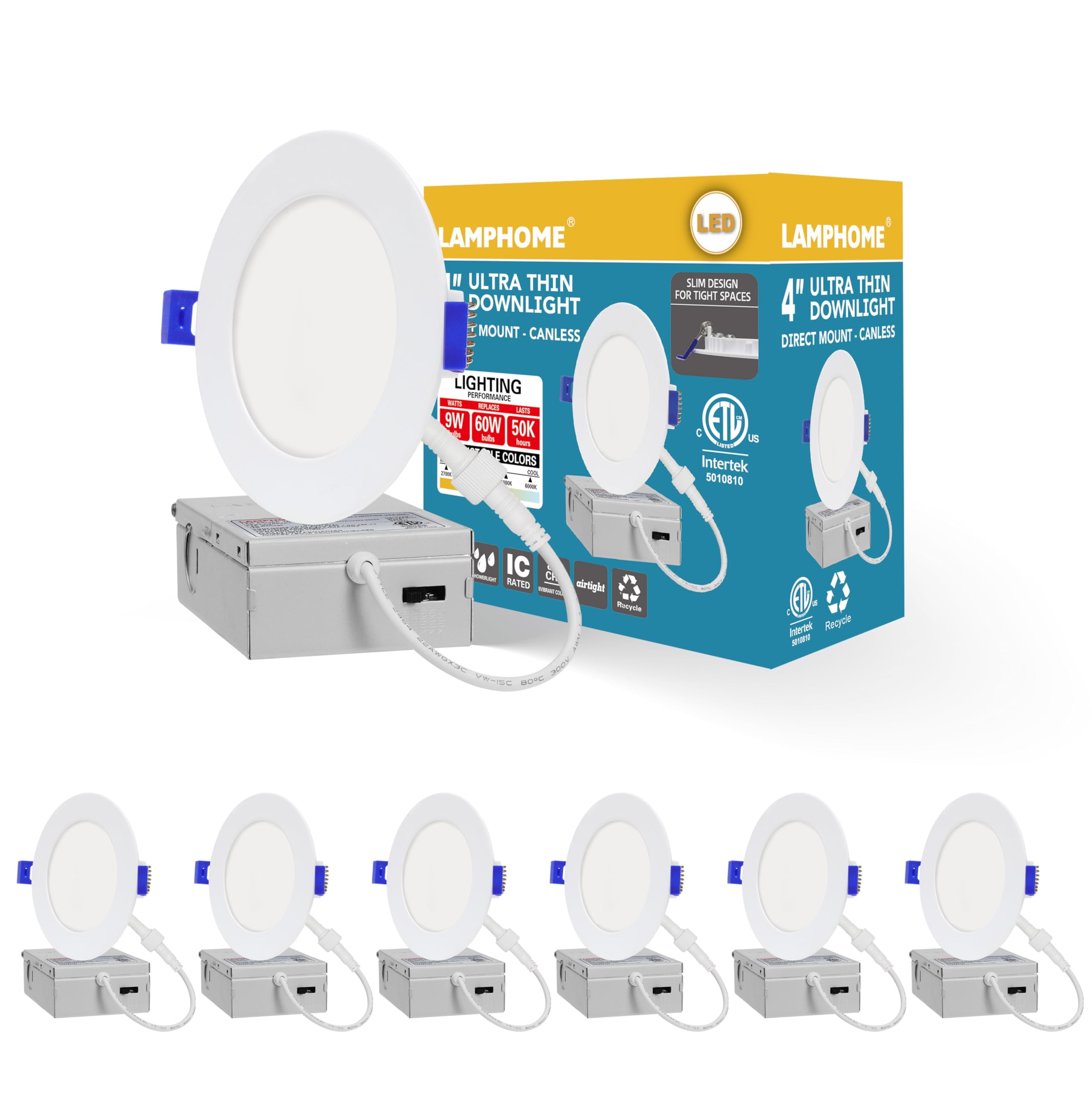 LAMPHOME 6-Pack of 4-Inch Slim LED Recessed Lights Junction Box ...
