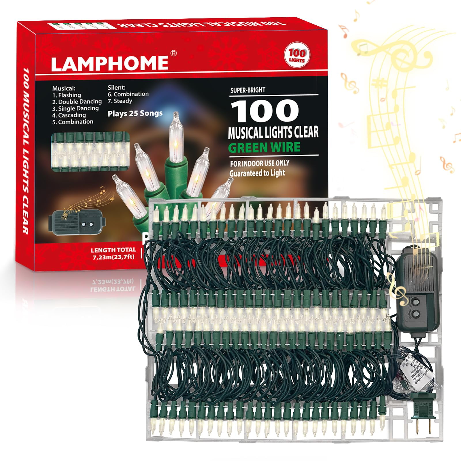 LAMPHOME Musical Christmas Lights,100 Lights 23.7ft Plays 25 Classical ...