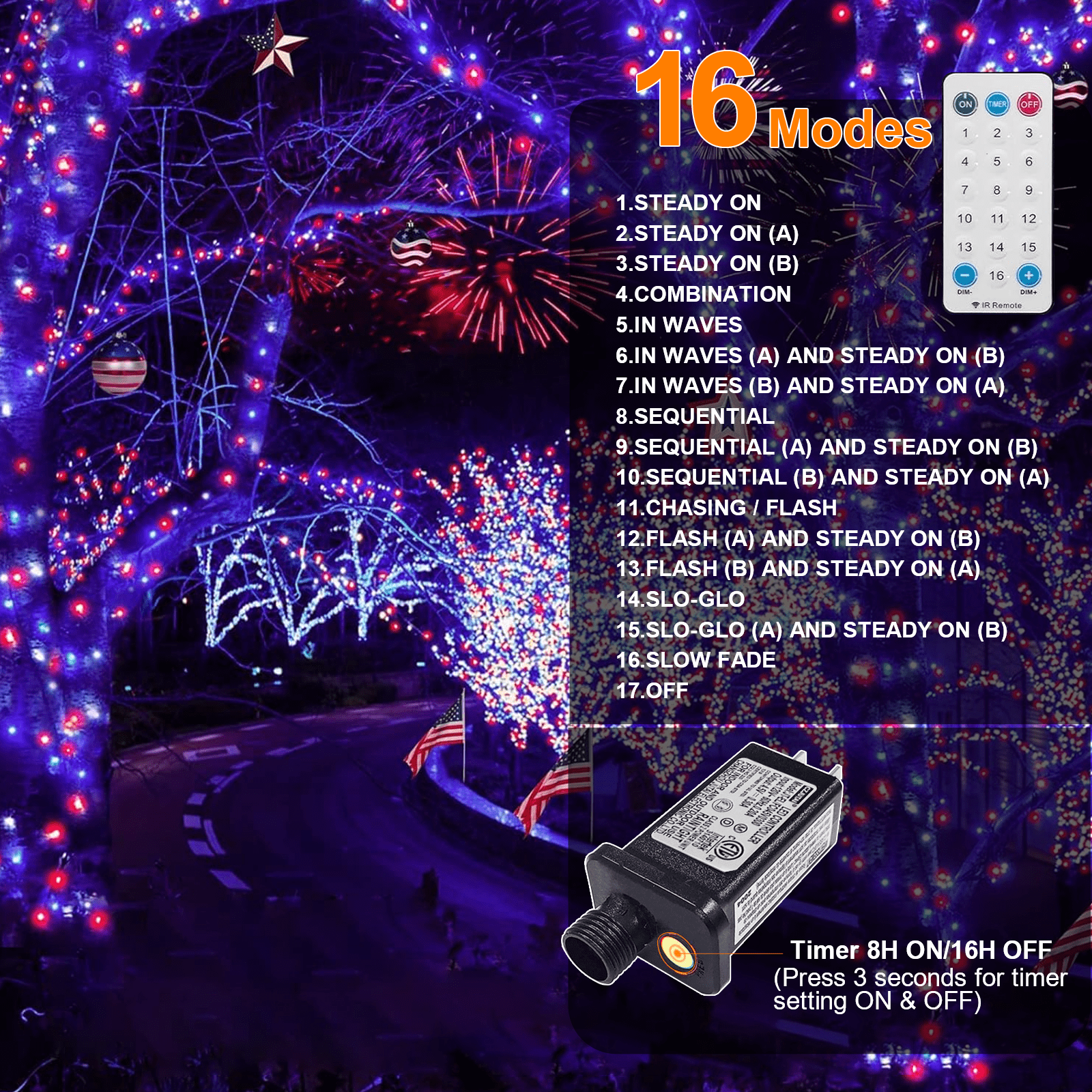 LAMPHOME Patriotic Fairy Lights Plug in, 33Ft 100 LEDs Waterproof ...