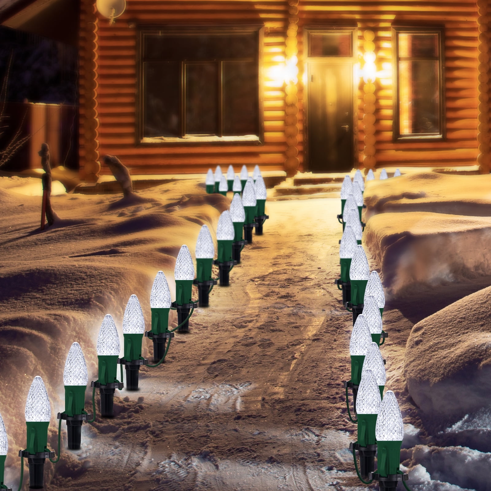 LAMPHOME White C9 Christmas Pathway Lights Outdoor, 25.7Ft 20 Bulbs ...