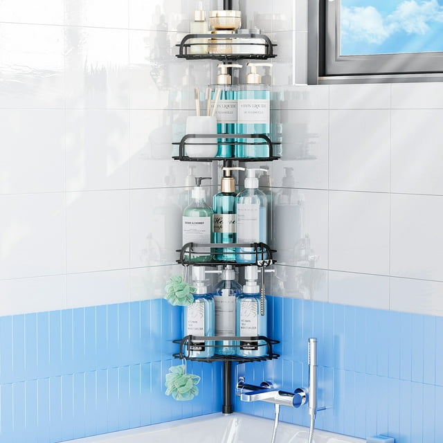 Free Shipping! LAMU 4-Tier Tension Pole Shower Caddy Corner Shelves Adjustable Rustproof Steel ...