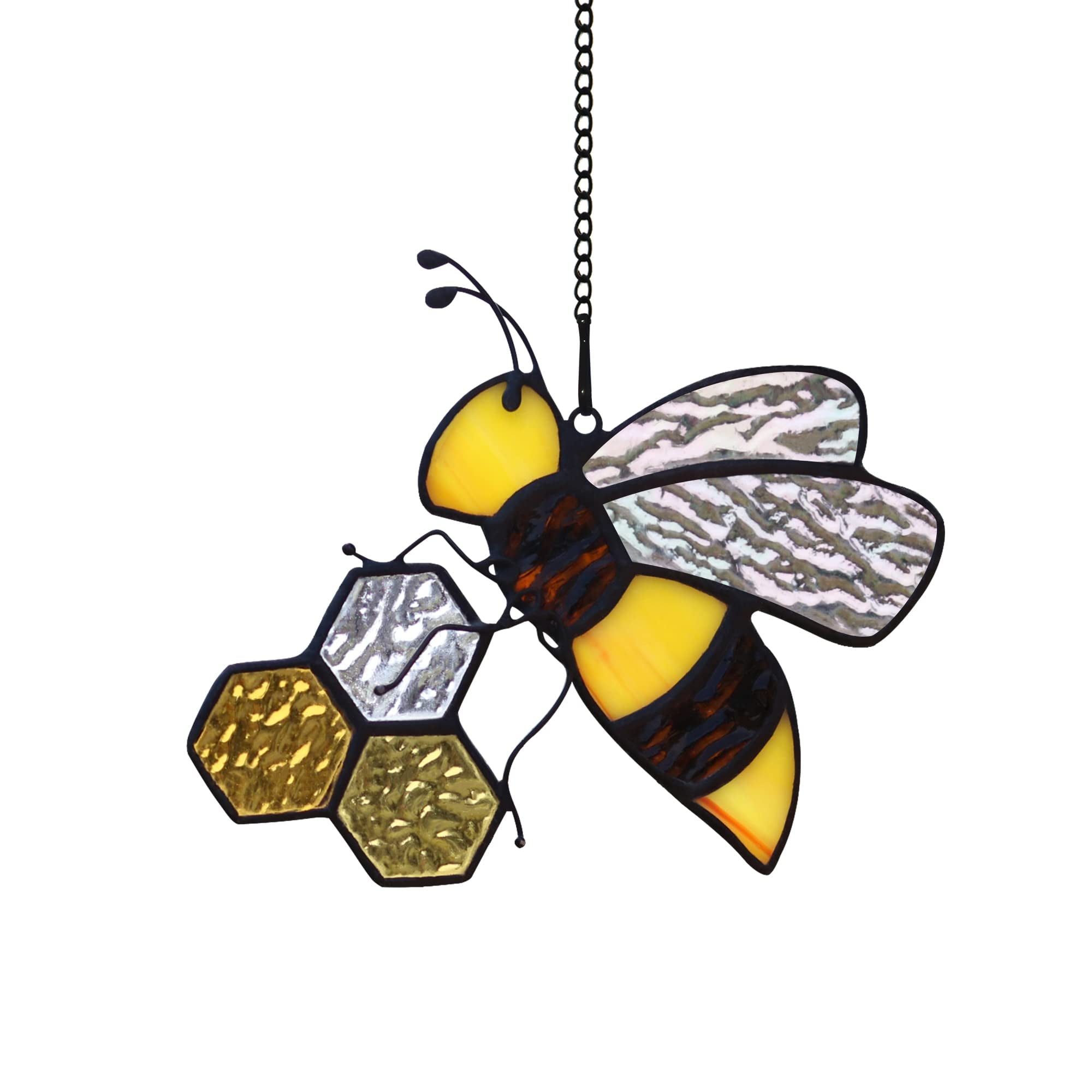 LAN Bee On Honeycomb Stained Glass Window Hangings, Bee Suncatcher Garden Bee Decor Bee Gift for ...