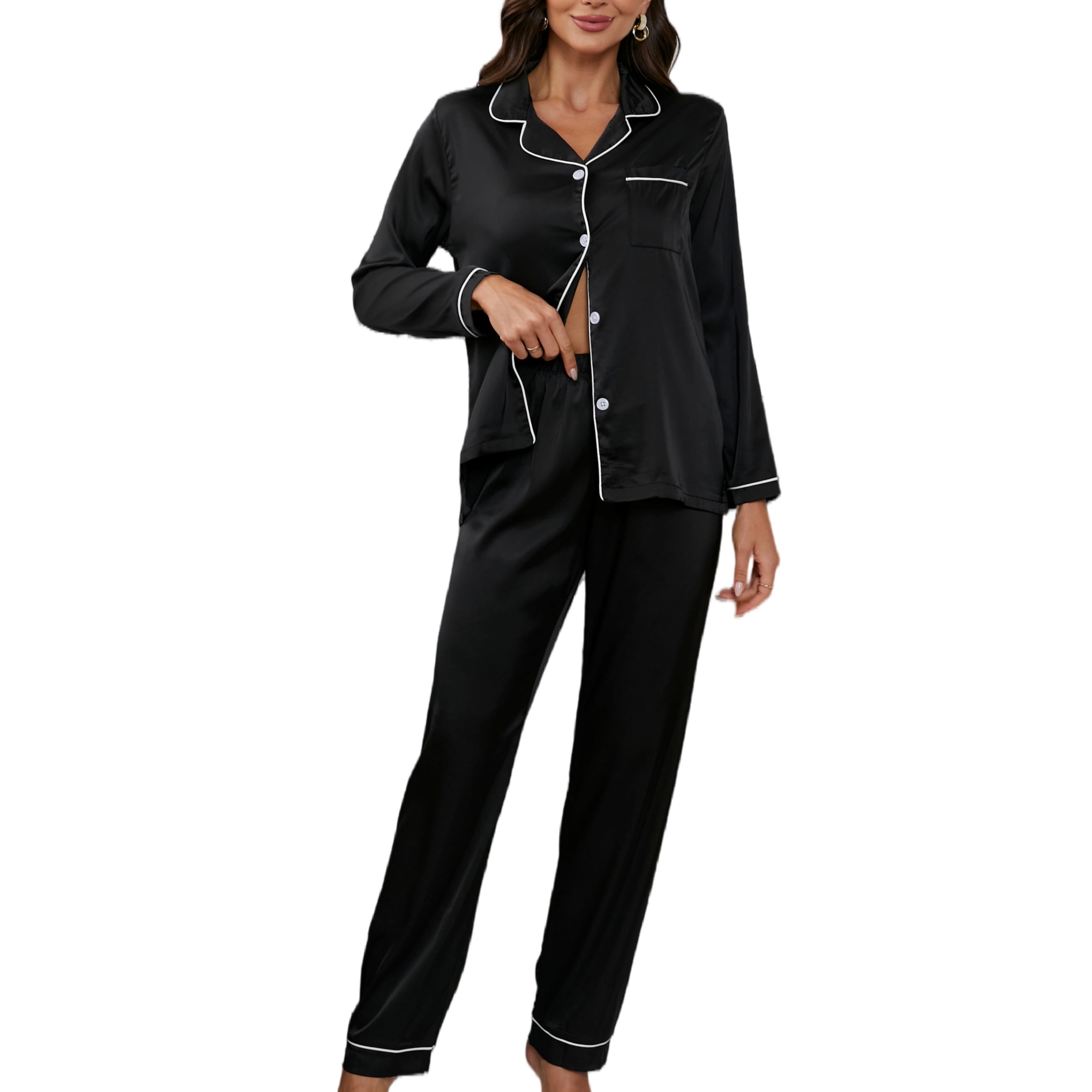 LANBAOSI Womens Satin Pajama Sets Long Sleeve Sleepwear Button Up Silk ...