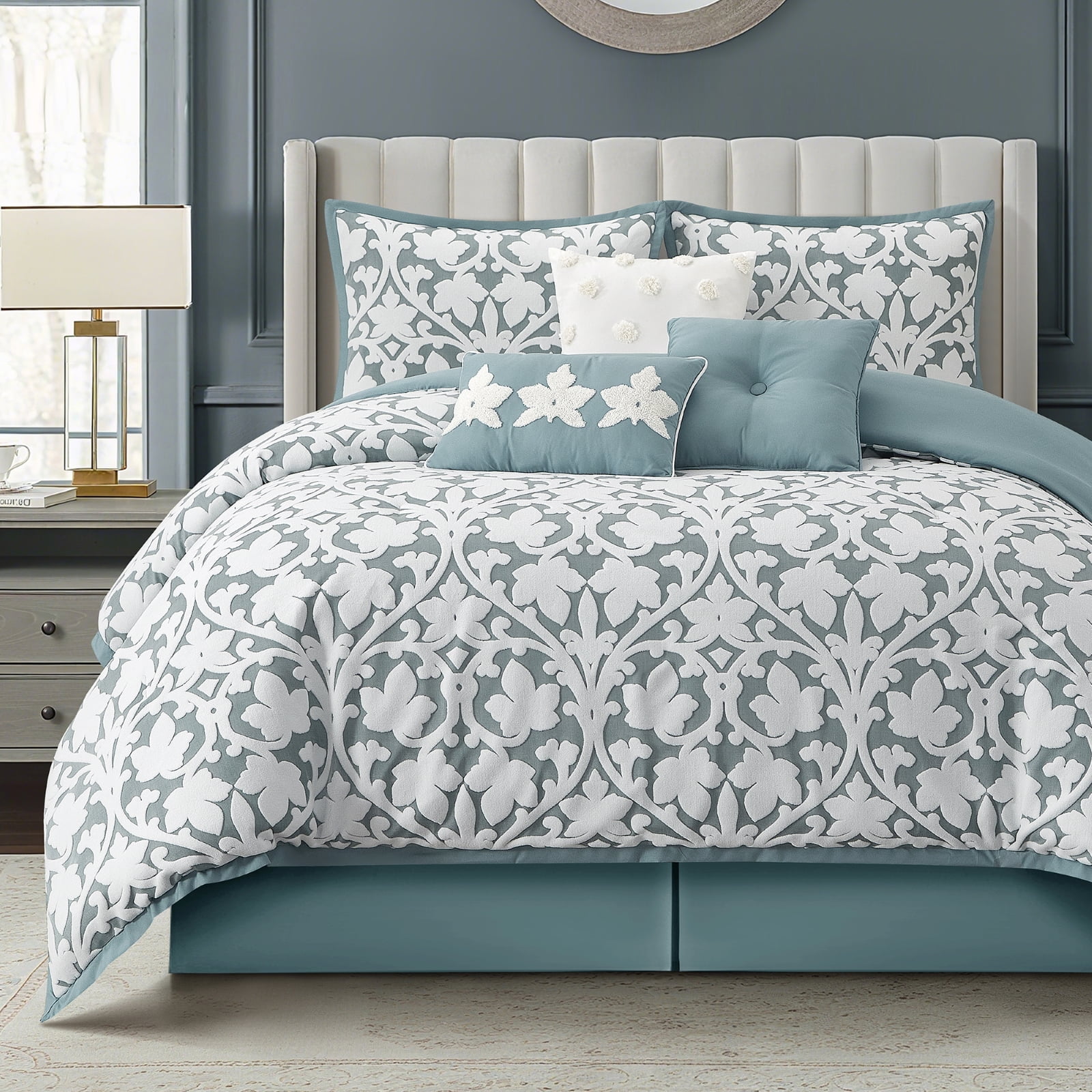 LANCO MODERN LIFESTYLE 7 Pieces Comforter Set, Queen, Blue, Jacquard ...