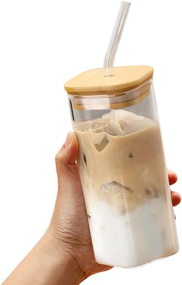 LANFENG Cup Heat Resistant Glass Cup with Straw 350ML Cold Drinks Cup ...