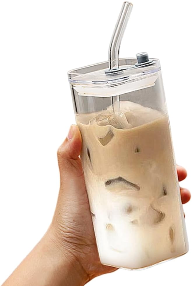LANFENG Cup Heat Resistant Glass Cup with Straw 350ML Cold Drinks Cup ...