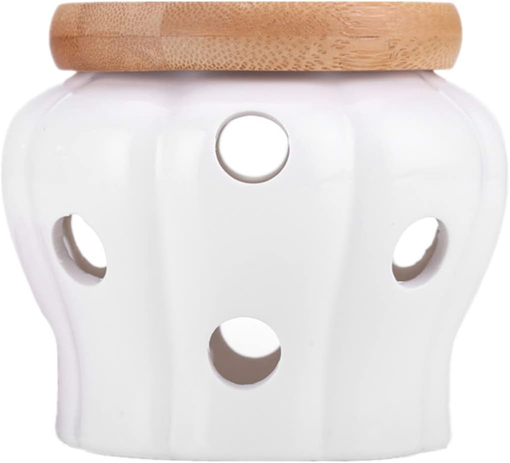LANFENG Garlic Keeper Vented Ceramic Container White Stoneware with ...