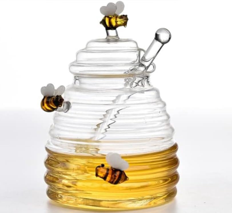 LANFENG Glass Honey Jar with Dipper and Lid Little Bee Honeypot Bee Pot ...