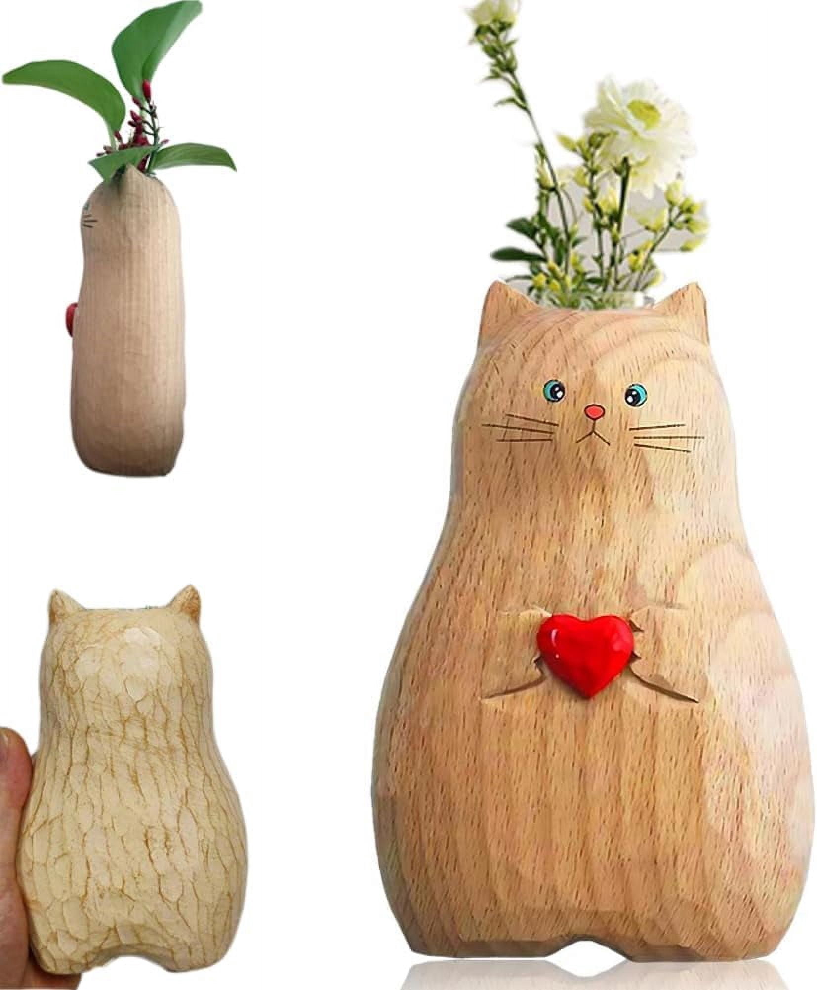 LANFENG Handmade Wooden Cat Vase, Resin Wood-Like Cat Statue Flower ...