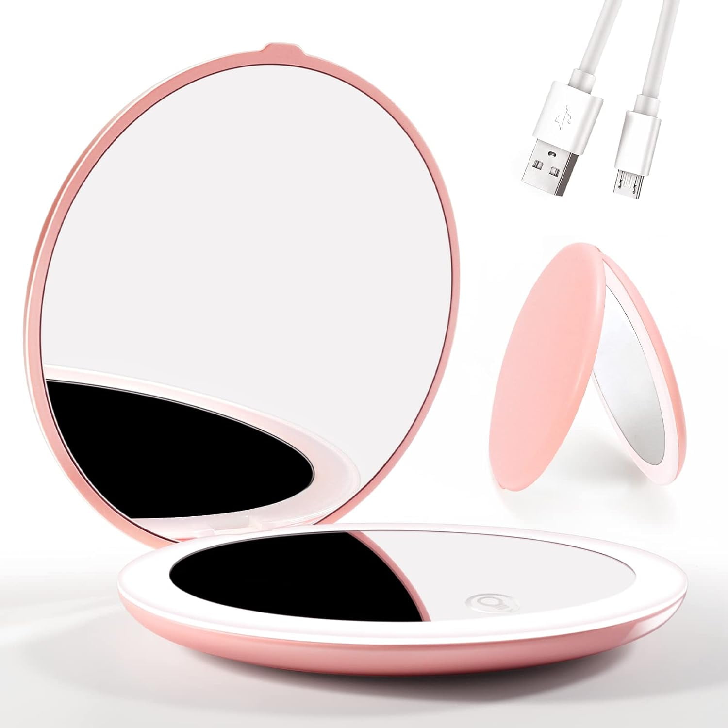 LANFENG LED Lighted Pink Travel Makeup Mirror Compact Magnification ...