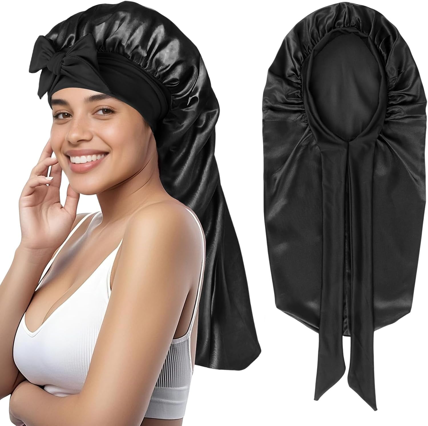 LANFENG Long Satin Hair Bonnet, Adjustable Silk Bonnet for Women - Walmart.com