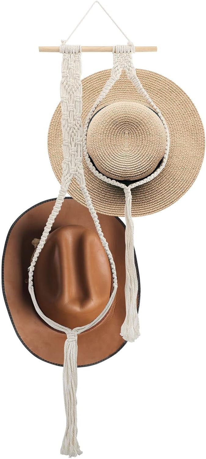LANFENG Macrame Hat Organizer, Cowboy Hat Hangers for Wall Display Hat ...