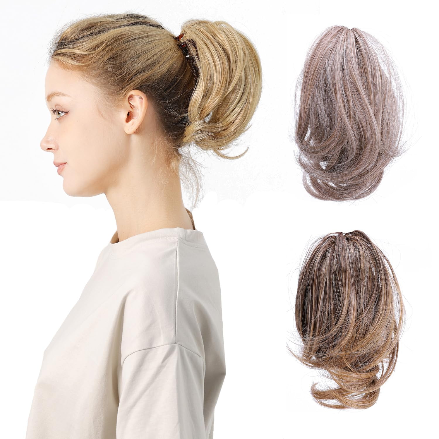 LANFENG Short Curly Ponytail, Clip On Synthetic Wavy Hair Ponytail ...