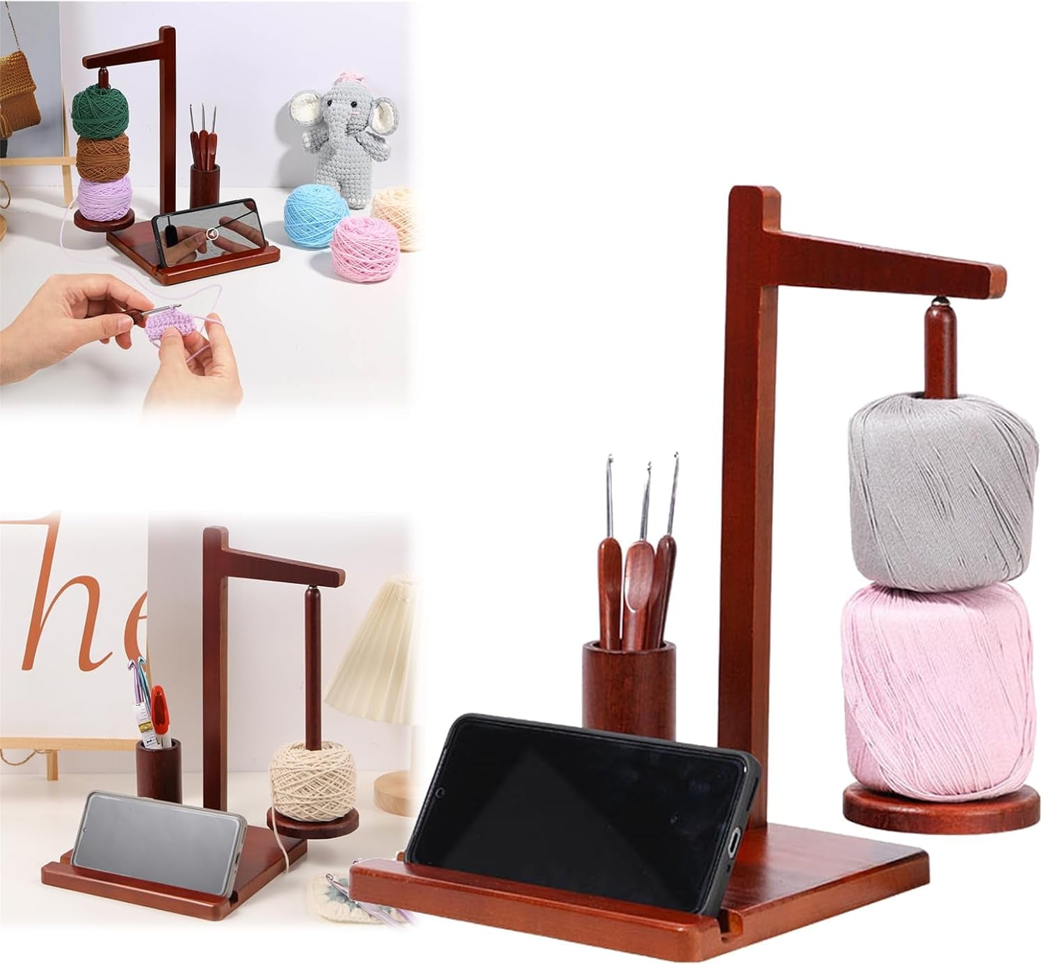 LANFENG Wooden Yarn Holder, Wooden Yarn Holder Phone Stand, Wooden Yarn ...