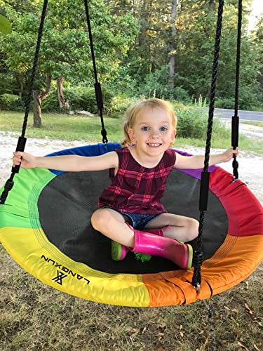 LANGXUN 40 Inch Rainbow Saucer Tree Swing for Kids and Adults, with Carabiners and Flags, 700 lb ...