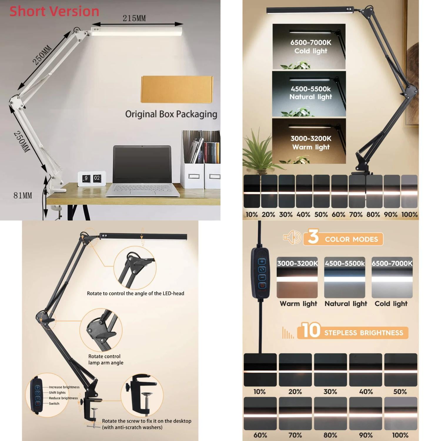 LANHSM Eye-Caring Adjustable Dimmable Swing Arm LED Desk Lamp with ...