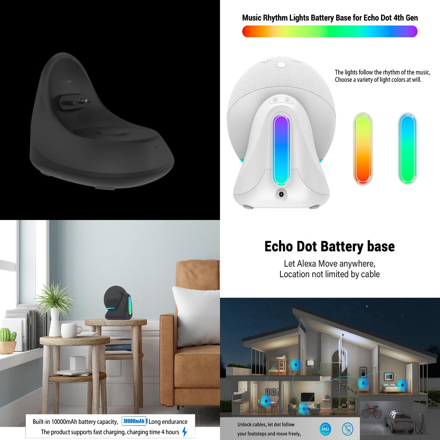 LANHSM Long-Lasting 10000mAh Portable Battery Base for Echo Dot 4th Gen ...