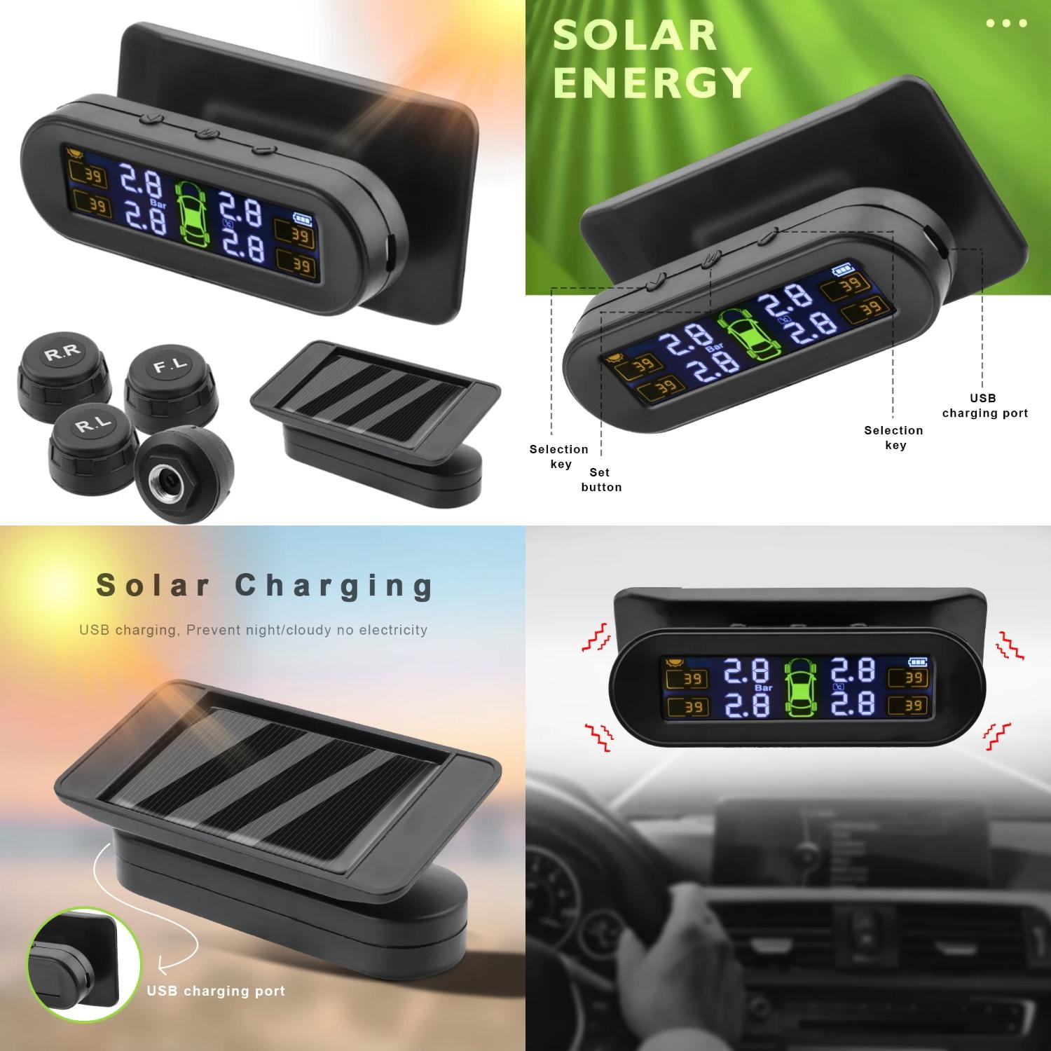 LANHSM Solar-Powered TPMS with 4 External Sensors: Enhanced Automotive ...