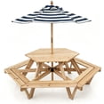 LANKANG 6 Seat Hexagonal Fir Wood Picnic Table with Umbrella Blue and ...