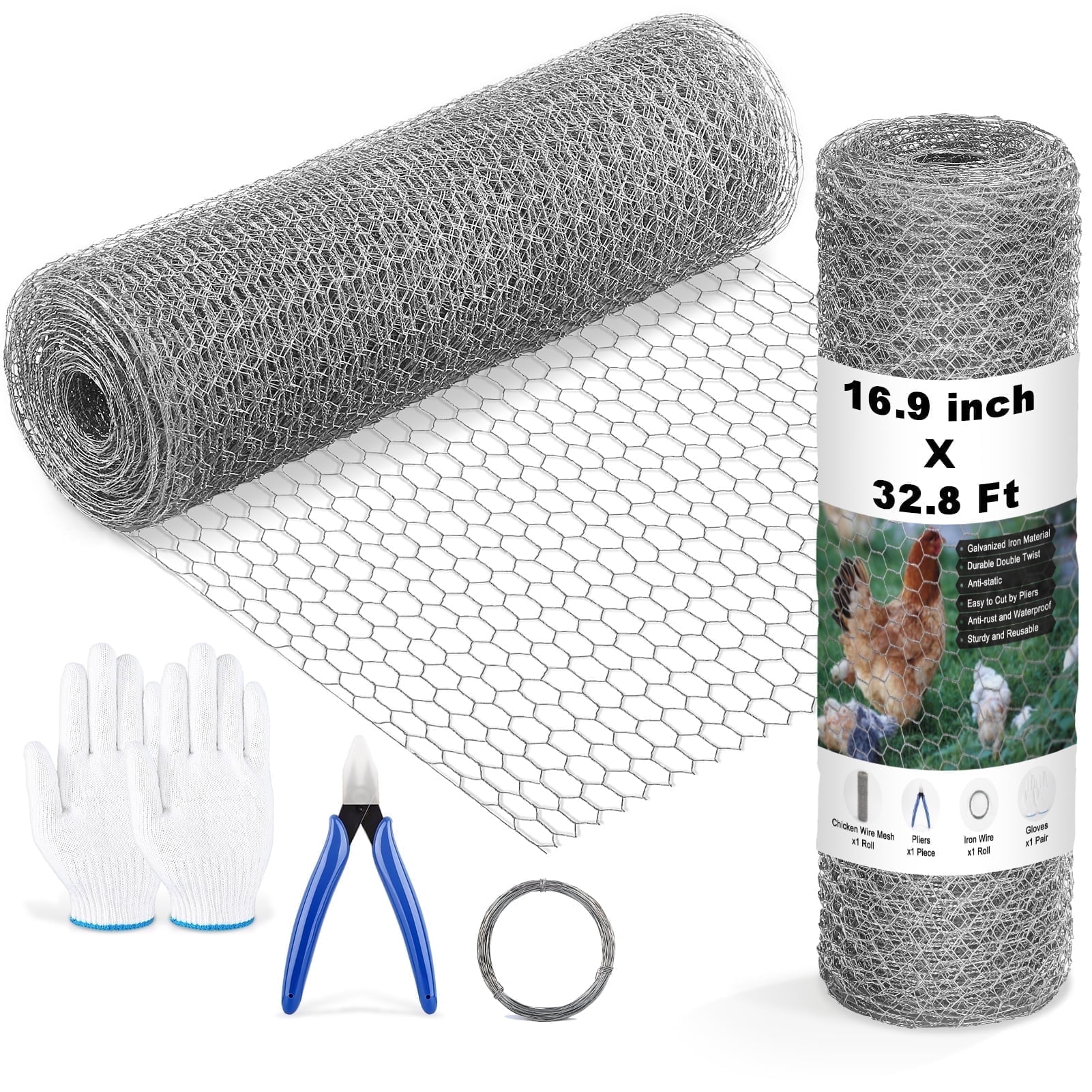 LANNEY Galvanized Chicken Wire Fencing Mesh 16.9inX32.8ft, 0.6 ...