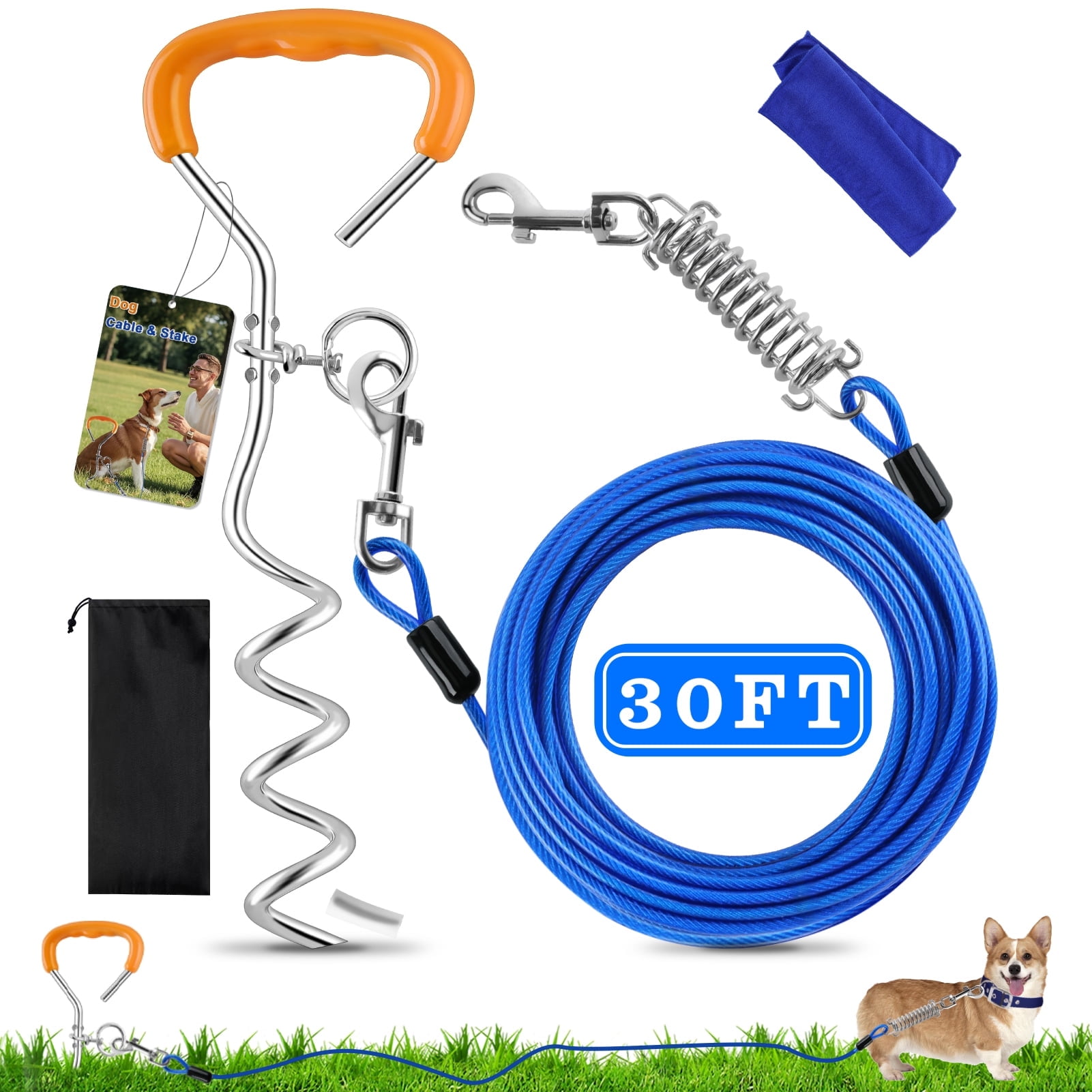 LANNEY Dog Tie Out Cable and Stake, 30ft Leash Chain for Camping and ...