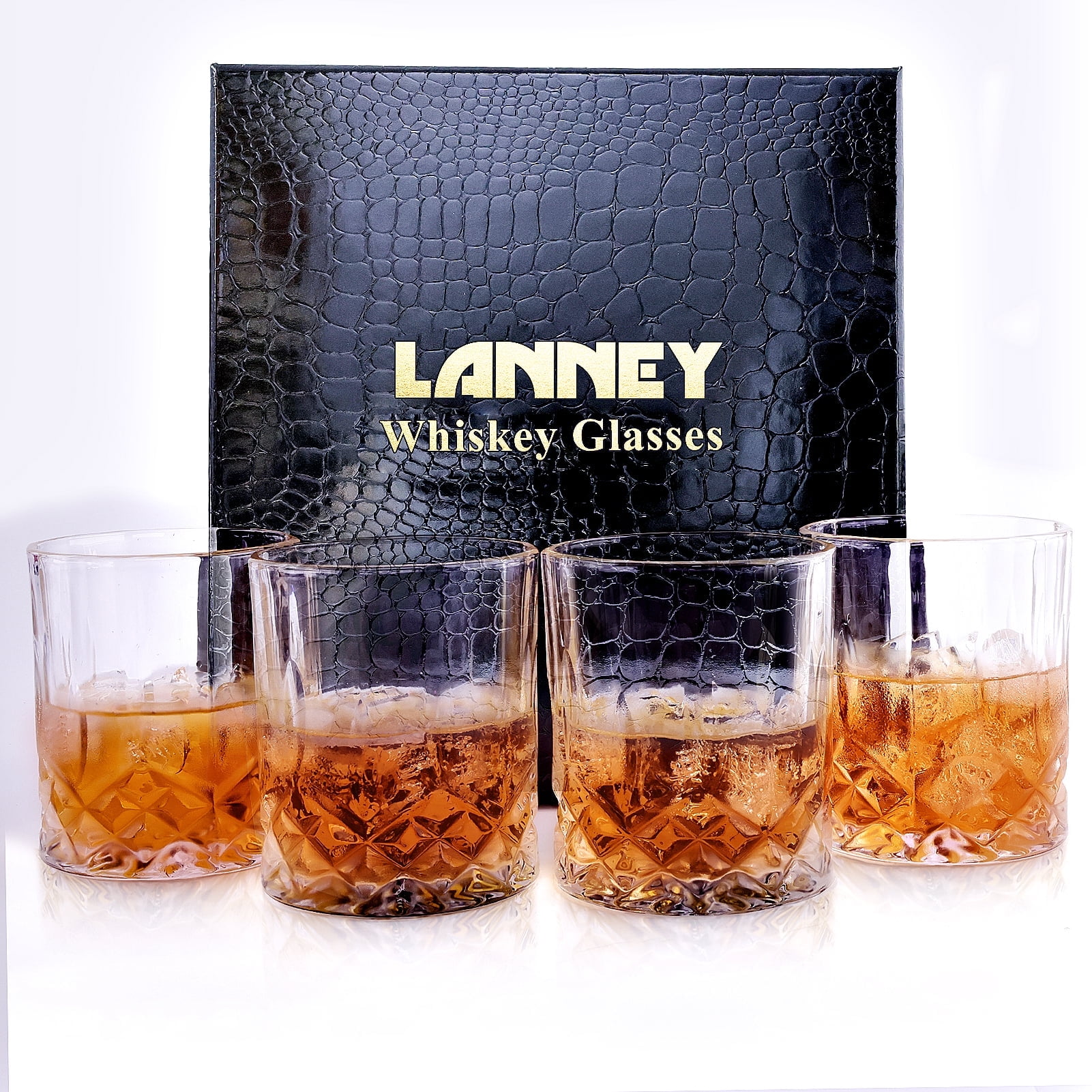 LANNEY Diamond Unique Whiskey Glasses Set of 4, 11oz Rocks Glasses for ...