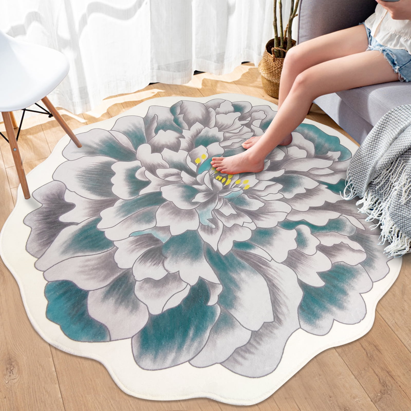LANPEI Floral Rug 4Ft Round Farmhouse Rug Bedroom Floor Carpet Kids Rug ...