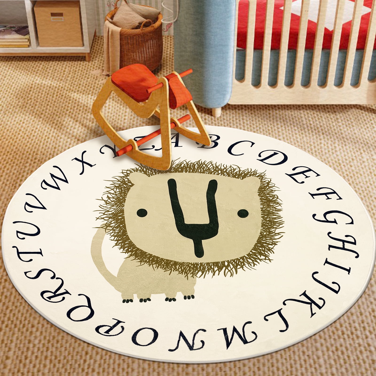 LANPEI Kids Rug 4Ft Round Cute ABC Lion Cartoon Play Mat Bedroom Carpet ...