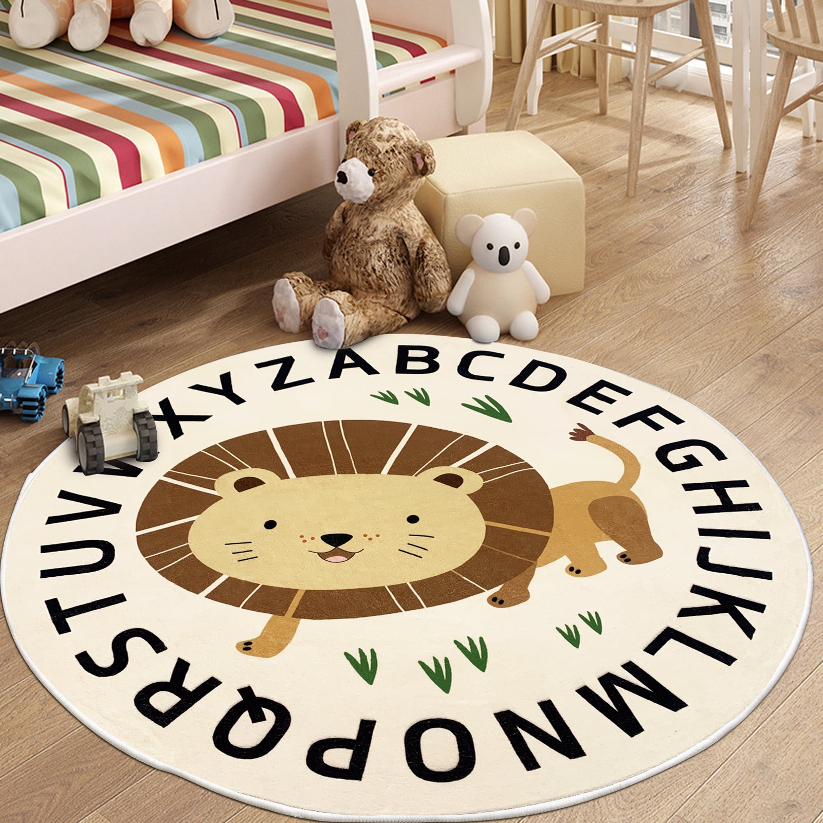 LANPEI Kids Rug Lion Jungle Animal Play Mat 4Ft Round ABC Alphabet Area ...