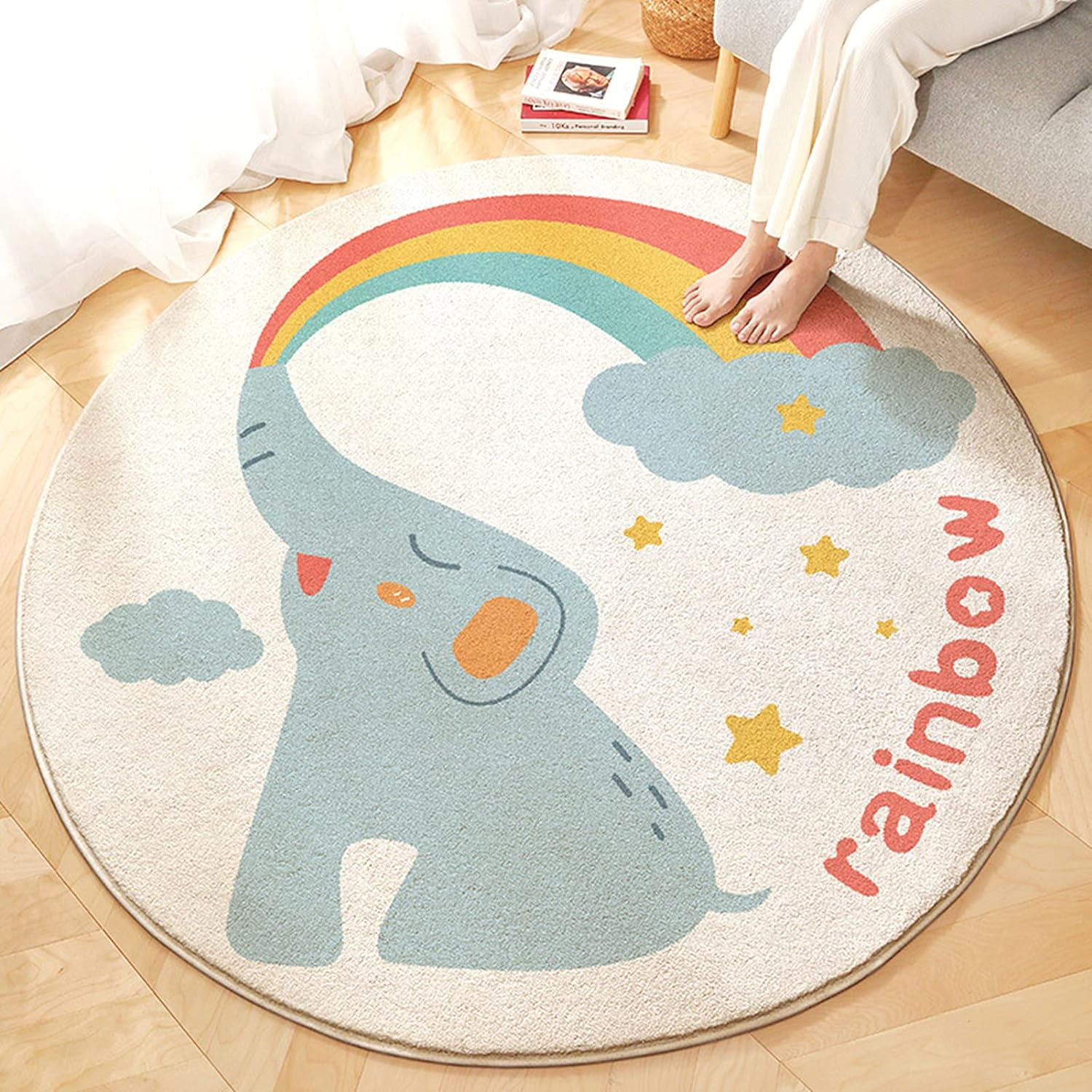 LANPEI Rainbow Round Kids Rug 4Ft Elephant Nursery Kids Play Mat Soft ...