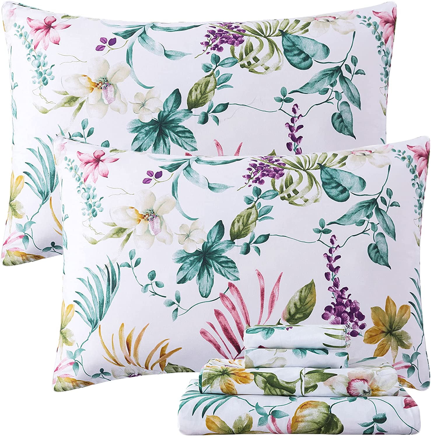LANPEI Sheets Set Twin Elegant White Floral Bedding Tropical Plam Leave ...
