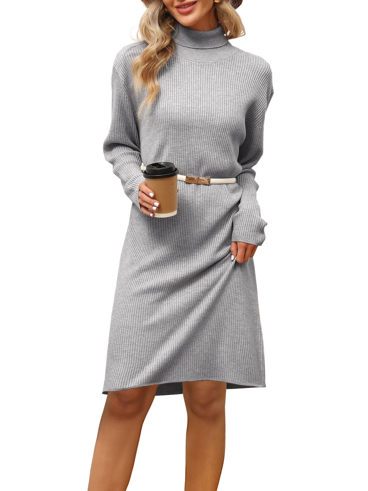 LANPULUX Winter Turtleneck Sweater Dress, Long Sleeve, Ribbed Knit ...