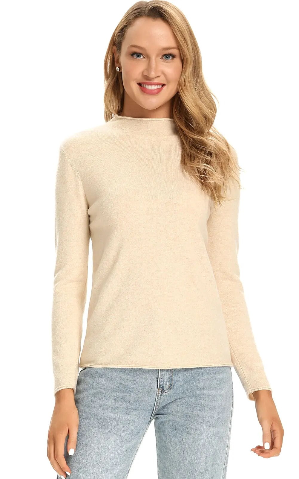 LANPULUX Women Sweater 100 Wool Half Turtleneck Mock Neck Soft Beige ...